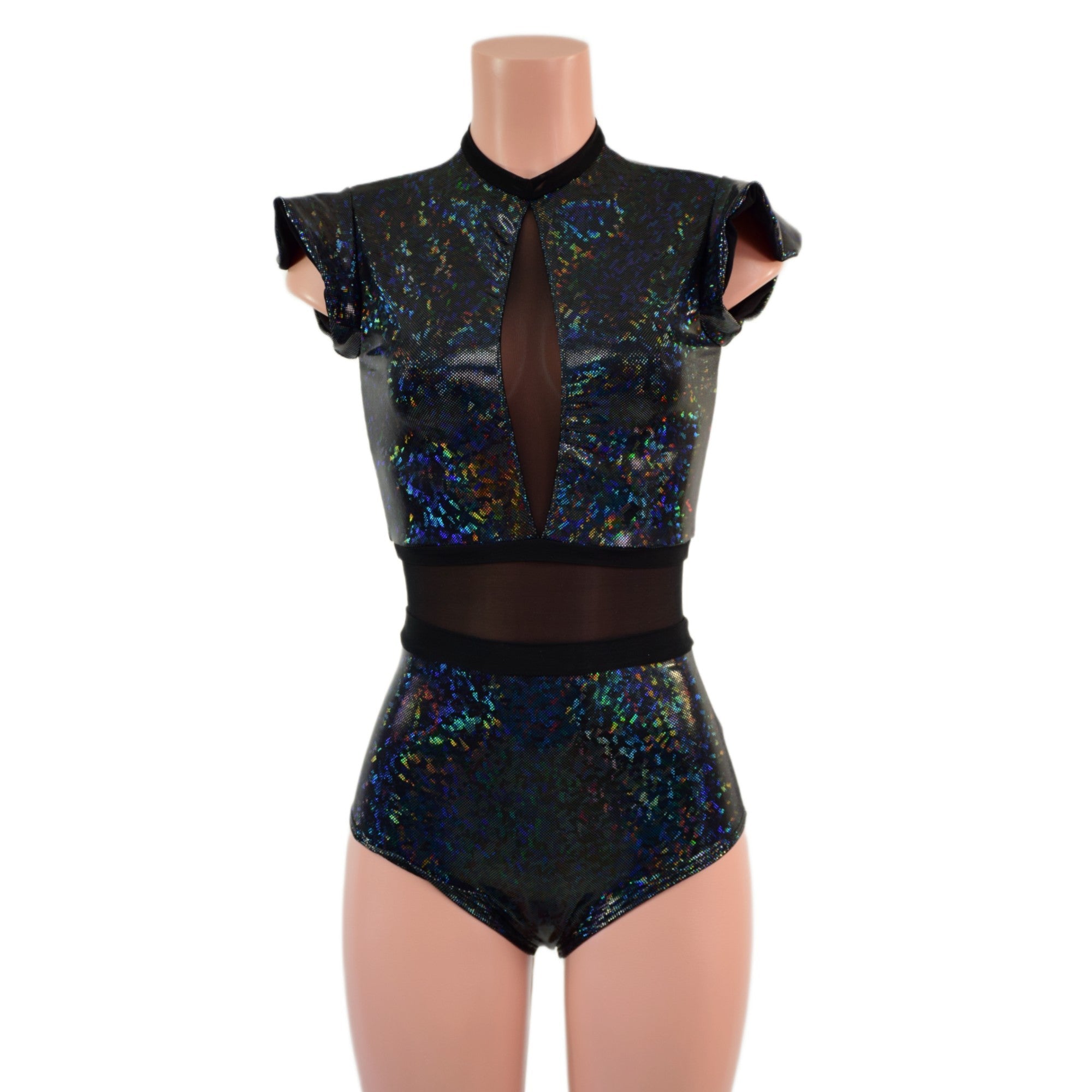 Black Kaleidoscope and Mesh Romper with Inset Mesh Keyhole Neckline ...