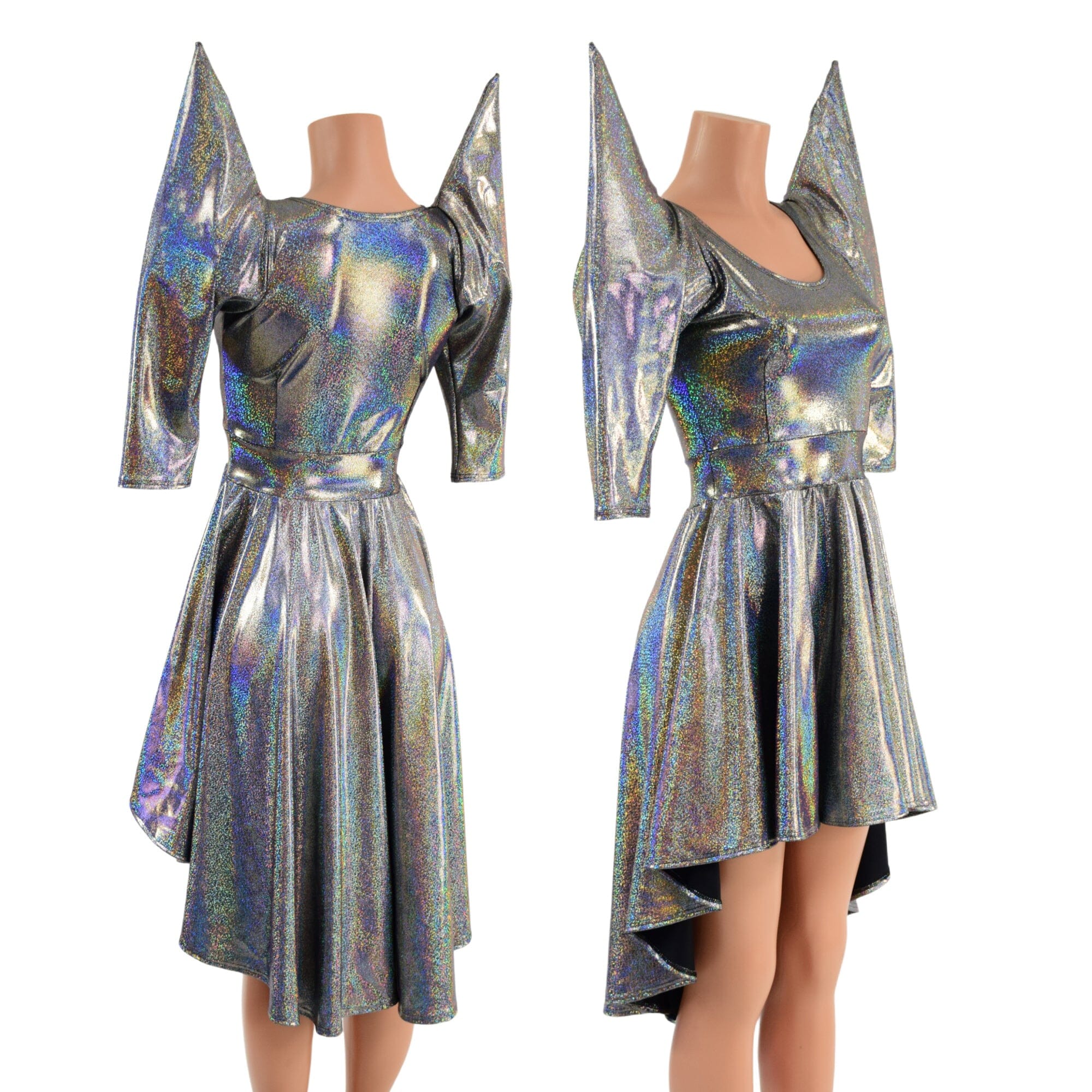 Silver Holographic Hi Lo Skater with Mega Sharp Shoulder Sleeves ...