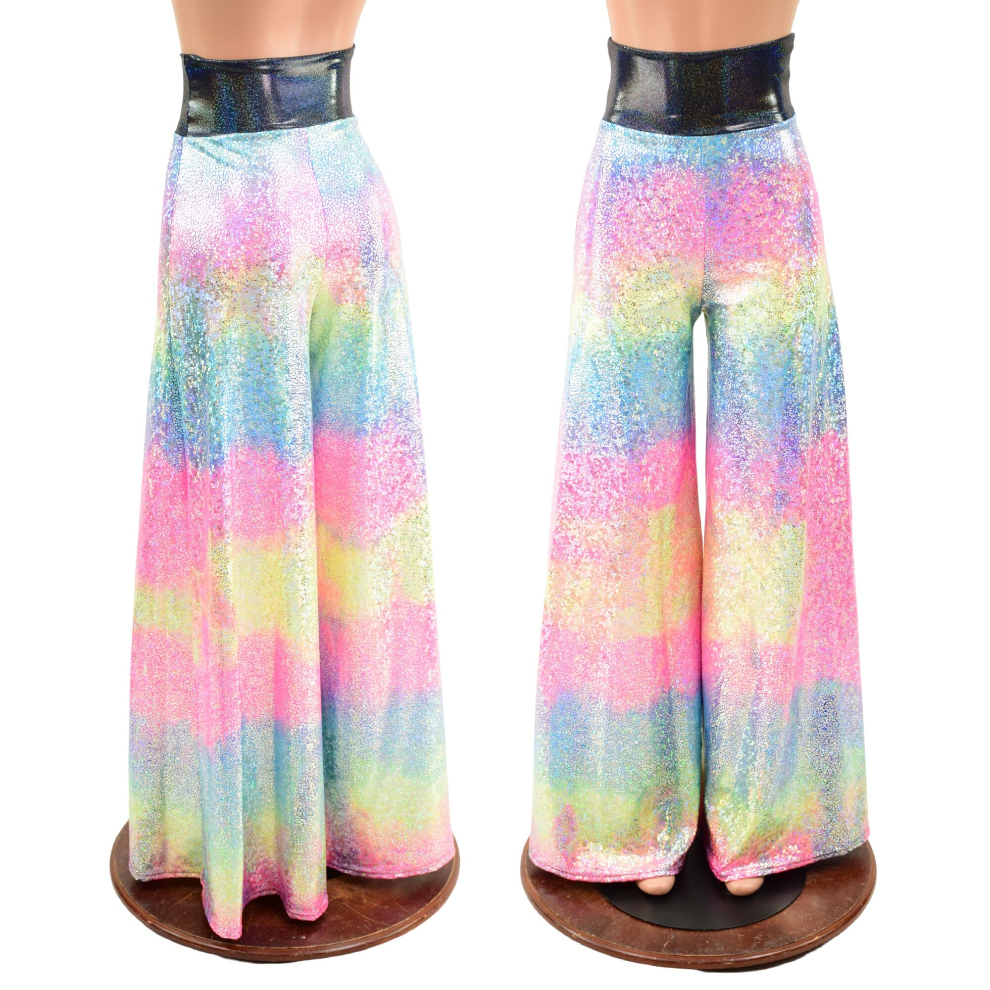 Rainbow Shattered Glass Wide Leg Pants with Black Holo Waistband ...